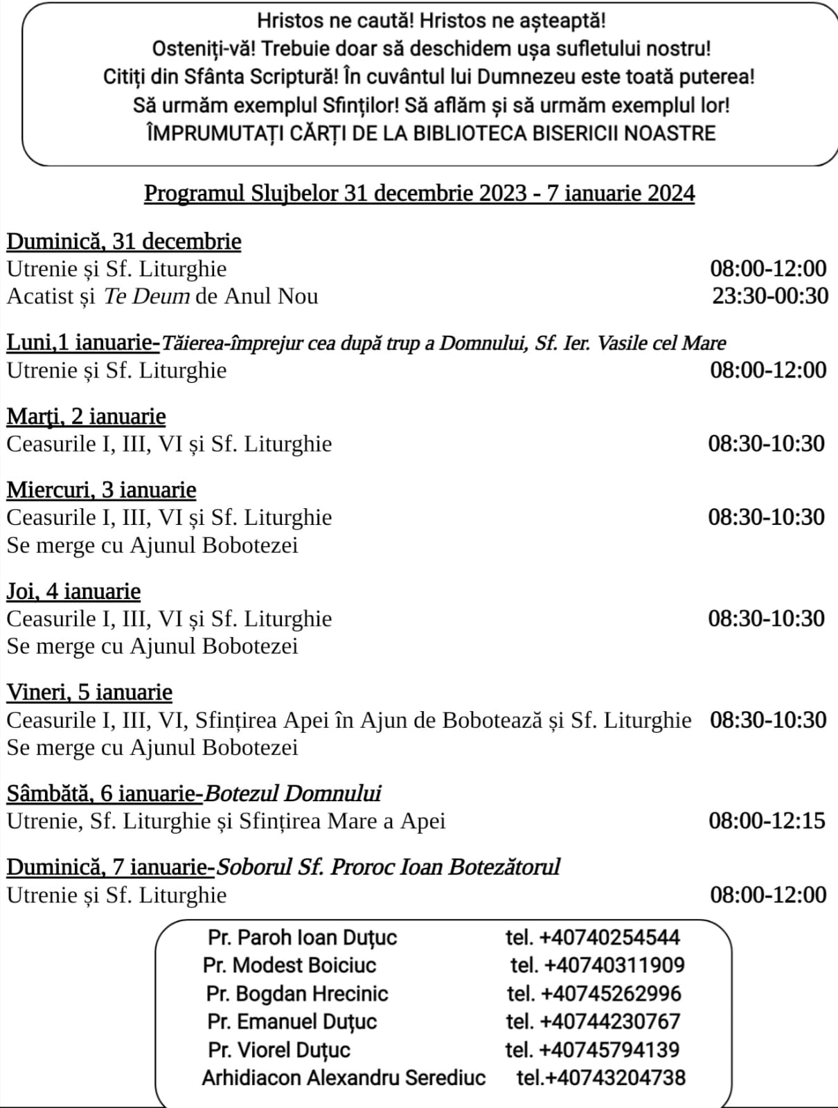 Program liturgic saptamanal | PAROHIA SFÂNTUL ANDREI SUCEAVA