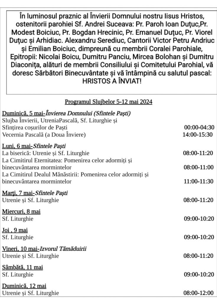 Program liturgic saptamanal | PAROHIA SFÂNTUL ANDREI SUCEAVA