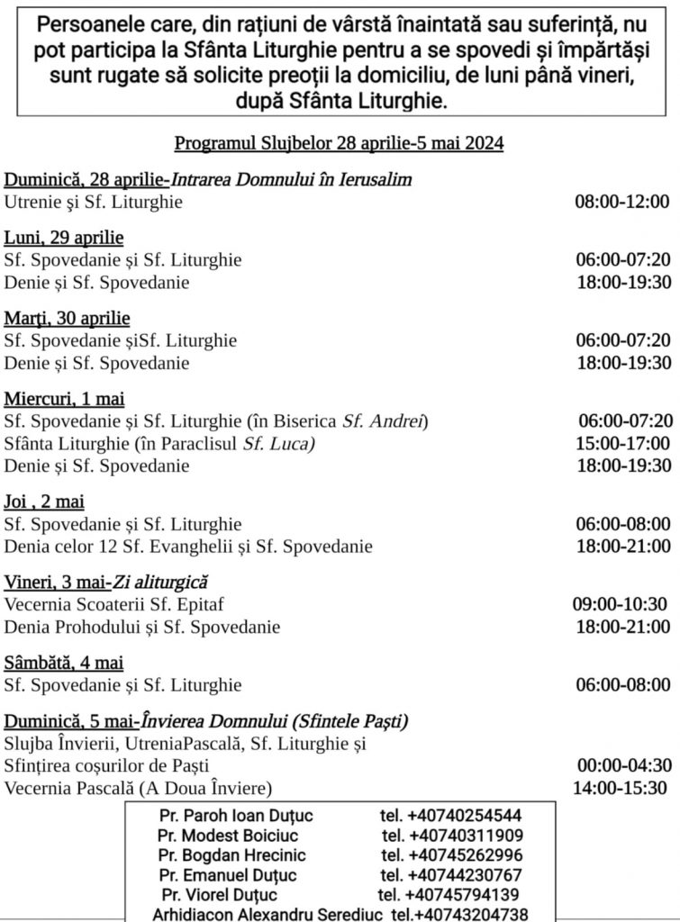 Program liturgic saptamanal | PAROHIA SFÂNTUL ANDREI SUCEAVA